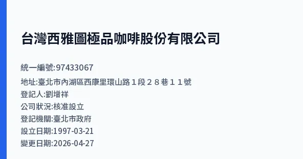 台灣西雅圖極品咖啡股份有限公司的照片-統編 97433067(臺北市) 公司登記資料與營業項目詳細圖表