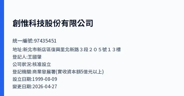 創惟科技股份有限公司的照片-統編 97435451(新北市) 公司登記資料與營業項目詳細圖表