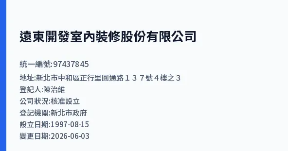 遠東開發室內裝修股份有限公司的照片-統編 97437845(新北市) 公司登記資料與營業項目詳細圖表