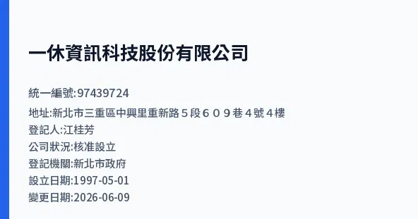 一休資訊科技股份有限公司的照片-統編 97439724(新北市) 公司登記資料與營業項目詳細圖表