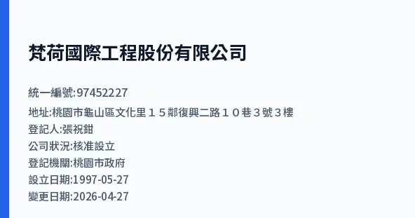 梵荷國際工程股份有限公司的照片-統編 97452227(桃園市) 公司登記資料與營業項目詳細圖表