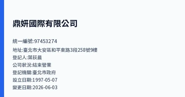 鼎妍國際有限公司的照片-統編 97453274(臺北市) 公司登記資料與營業項目詳細圖表