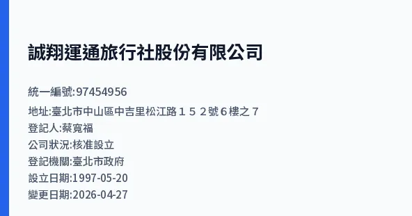 誠翔運通旅行社股份有限公司的照片-統編 97454956(臺北市) 公司登記資料與營業項目詳細圖表