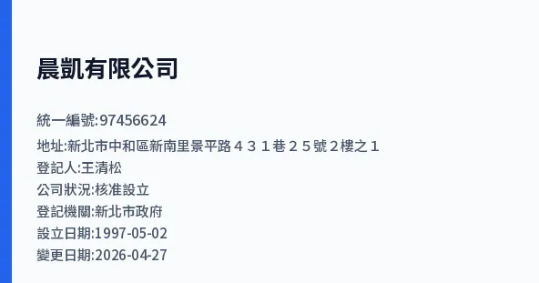 晨凱有限公司的照片-統編 97456624(新北市) 公司登記資料與營業項目詳細圖表
