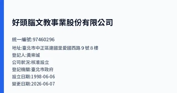 好頭腦文教事業股份有限公司的照片-統編 97460296(臺北市) 公司登記資料與營業項目詳細圖表