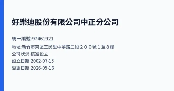好樂迪股份有限公司中正分公司的照片-統編 97461921(新竹市) 公司登記資料與營業項目詳細圖表