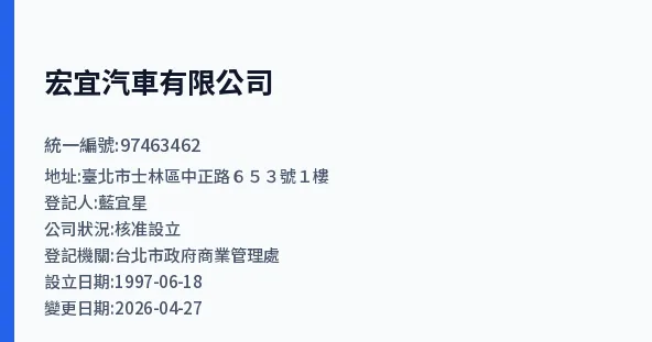宏宜汽車有限公司的照片-統編 97463462(臺北市) 公司登記資料與營業項目詳細圖表