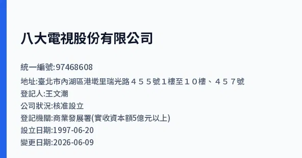八大電視股份有限公司的照片-統編 97468608(臺北市) 公司登記資料與營業項目詳細圖表
