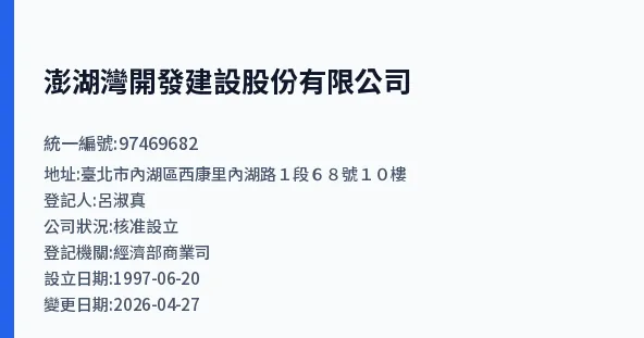 澎湖灣開發建設股份有限公司的照片-統編 97469682(臺北市) 公司登記資料與營業項目詳細圖表