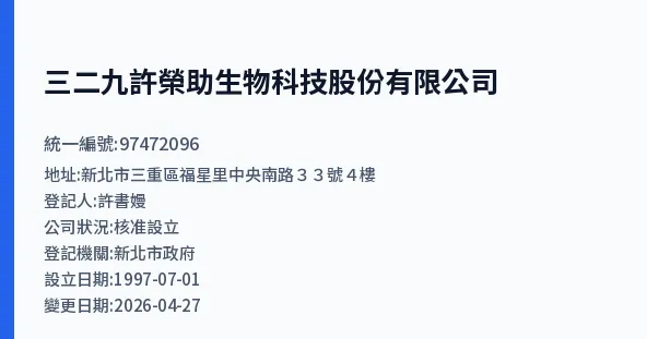 三二九許榮助生物科技股份有限公司的照片-統編 97472096(新北市) 公司登記資料與營業項目詳細圖表