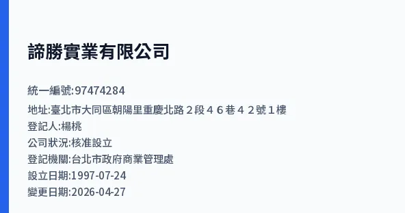 諦勝實業有限公司的照片-統編 97474284(臺北市) 公司登記資料與營業項目詳細圖表