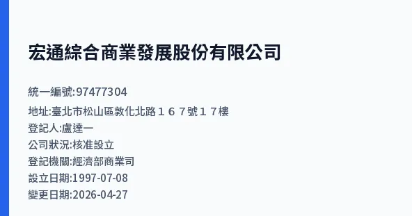 宏通綜合商業發展股份有限公司的照片-統編 97477304(臺北市) 公司登記資料與營業項目詳細圖表