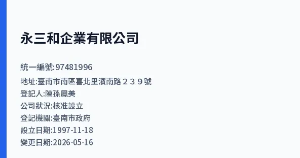 永三和企業有限公司的照片-統編 97481996(臺南市) 公司登記資料與營業項目詳細圖表
