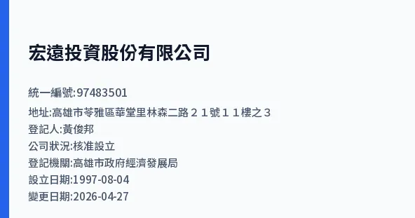 宏遠投資股份有限公司的照片-統編 97483501(高雄市) 公司登記資料與營業項目詳細圖表