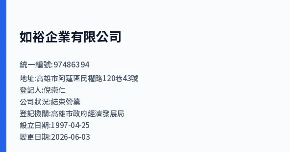 如裕企業有限公司的照片-統編 97486394(高雄市) 公司登記資料與營業項目詳細圖表
