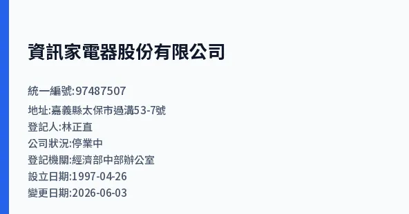 資訊家電器股份有限公司的照片-統編 97487507(嘉義縣) 公司登記資料與營業項目詳細圖表