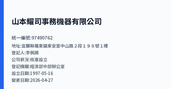 山本耀司事務機器有限公司的照片-統編 97490762(宜蘭縣) 公司登記資料與營業項目詳細圖表