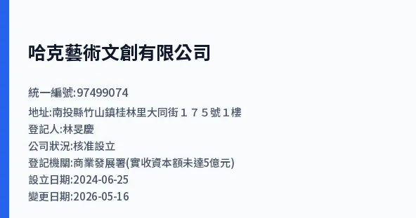 哈克藝術文創有限公司的照片-統編 97499074(南投縣) 公司登記資料與營業項目詳細圖表