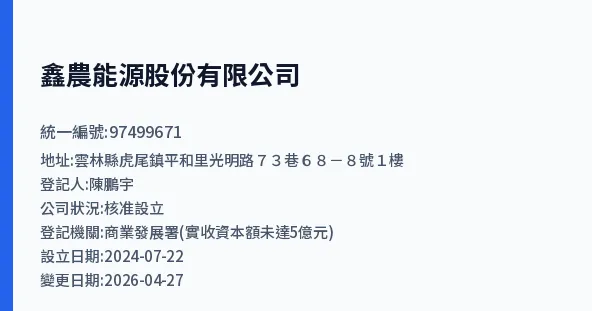 鑫農能源股份有限公司的照片-統編 97499671(雲林縣) 公司登記資料與營業項目詳細圖表