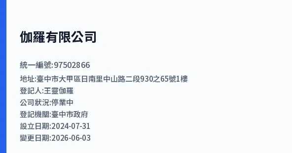 伽羅有限公司的照片-統編 97502866(臺中市) 公司登記資料與營業項目詳細圖表