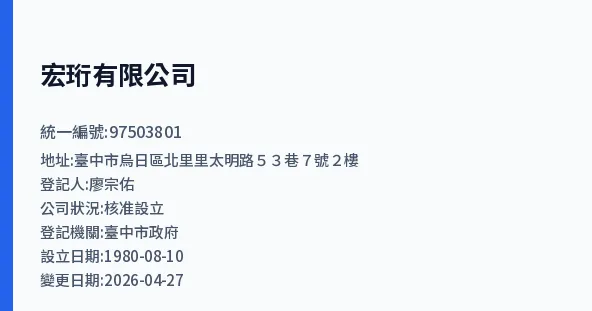 宏珩有限公司的照片-統編 97503801(臺中市) 公司登記資料與營業項目詳細圖表