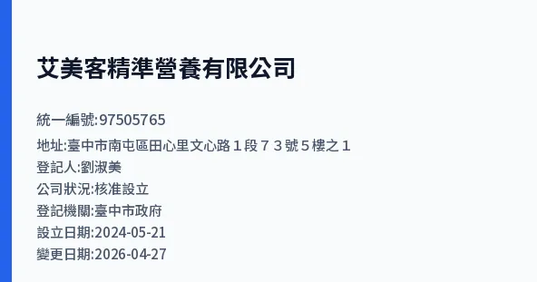 艾美客精準營養有限公司的照片-統編 97505765(臺中市) 公司登記資料與營業項目詳細圖表