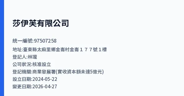 莎伊芙有限公司的照片-統編 97507258(臺東縣) 公司登記資料與營業項目詳細圖表