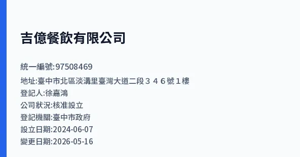 吉億餐飲有限公司的照片-統編 97508469(臺中市) 公司登記資料與營業項目詳細圖表