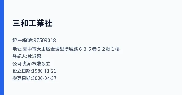 三和工業社的照片-統編 97509018(臺中市) 公司登記資料與營業項目詳細圖表