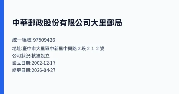 中華郵政股份有限公司大里郵局的照片-統編 97509426(臺中市) 公司登記資料與營業項目詳細圖表