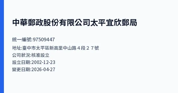 中華郵政股份有限公司太平宜欣郵局的照片-統編 97509447(臺中市) 公司登記資料與營業項目詳細圖表