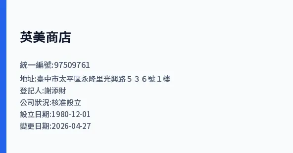 英美商店的照片-統編 97509761(臺中市) 公司登記資料與營業項目詳細圖表