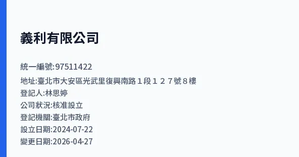 義利有限公司的照片-統編 97511422(臺北市) 公司登記資料與營業項目詳細圖表