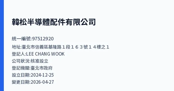 韓松半導體配件有限公司的照片-統編 97512920(臺北市) 公司登記資料與營業項目詳細圖表