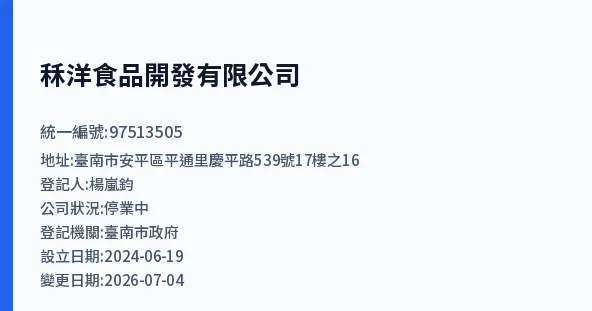 秝洋食品開發有限公司的照片-統編 97513505(臺南市) 公司登記資料與營業項目詳細圖表