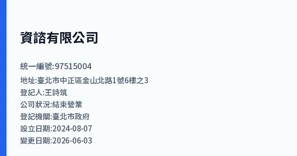 資諮有限公司的照片-統編 97515004(臺北市) 公司登記資料與營業項目詳細圖表