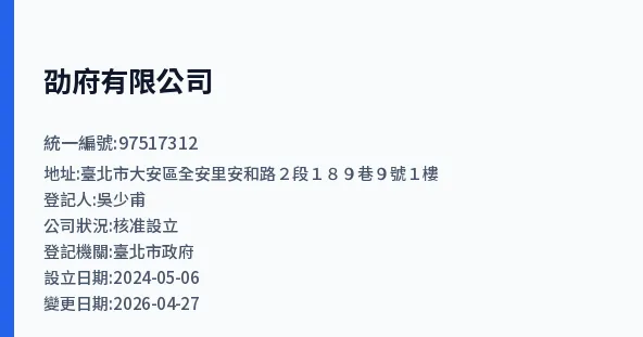 劭府有限公司的照片-統編 97517312(臺北市) 公司登記資料與營業項目詳細圖表