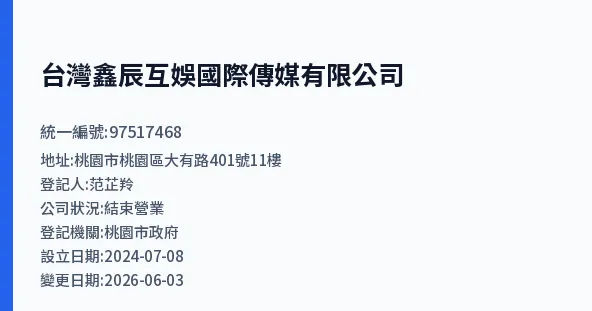 台灣鑫辰互娛國際傳媒有限公司的照片-統編 97517468(桃園市) 公司登記資料與營業項目詳細圖表
