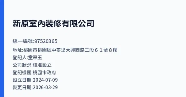新原室內裝修有限公司的照片-統編 97520365(桃園市) 公司登記資料與營業項目詳細圖表