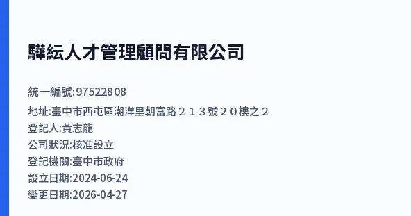 驊紜人才管理顧問有限公司的照片-統編 97522808(臺中市) 公司登記資料與營業項目詳細圖表