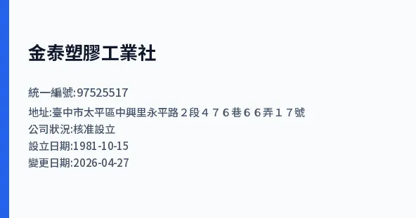 金泰塑膠工業社的照片-統編 97525517(臺中市) 公司登記資料與營業項目詳細圖表