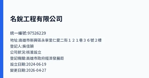 名銳工程有限公司的照片-統編 97526229(高雄市) 公司登記資料與營業項目詳細圖表