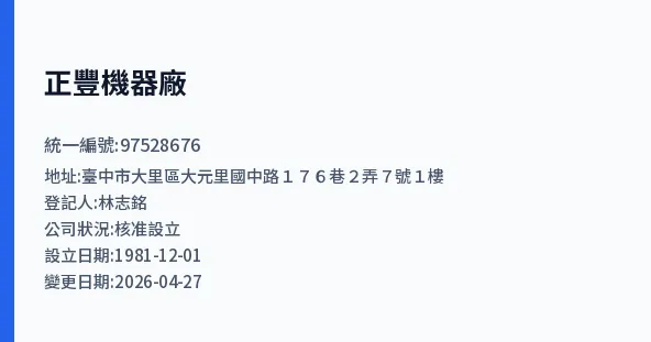 正豐機器廠的照片-統編 97528676(臺中市) 公司登記資料與營業項目詳細圖表