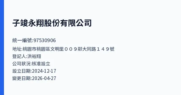 子竣永翔股份有限公司的照片-統編 97530906(桃園市) 公司登記資料與營業項目詳細圖表