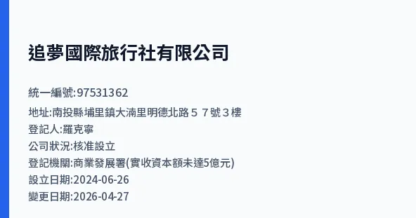 追夢國際旅行社有限公司的照片-統編 97531362(南投縣) 公司登記資料與營業項目詳細圖表