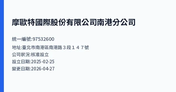 摩歐特國際股份有限公司南港分公司的照片-統編 97532600(臺北市) 公司登記資料與營業項目詳細圖表