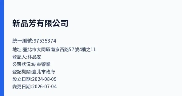 新品芳有限公司的照片-統編 97535374(臺北市) 公司登記資料與營業項目詳細圖表