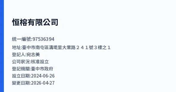 恒榕有限公司的照片-統編 97536394(臺中市) 公司登記資料與營業項目詳細圖表
