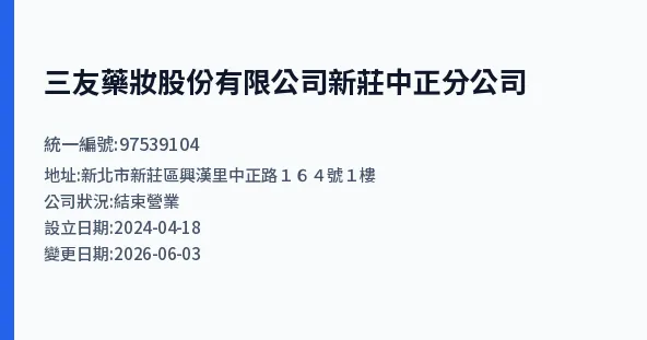 三友藥妝股份有限公司新莊中正分公司的照片-統編 97539104(新北市) 公司登記資料與營業項目詳細圖表