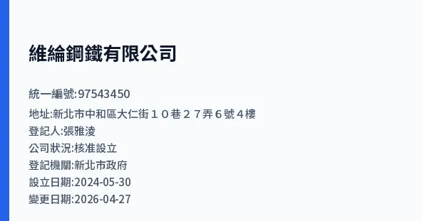 維綸鋼鐵有限公司的照片-統編 97543450(新北市) 公司登記資料與營業項目詳細圖表